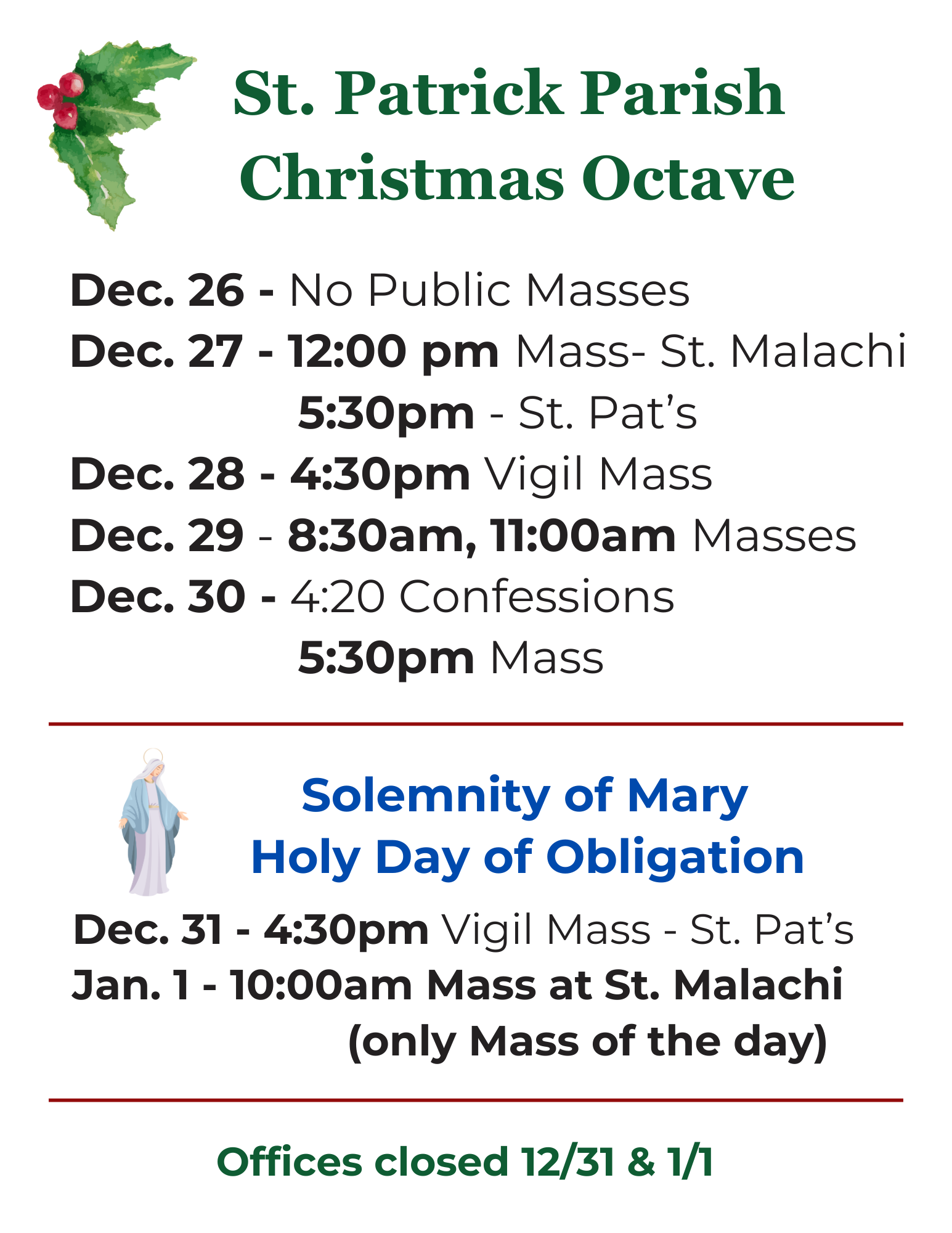 Christmas Octave & Solemnity of Mary the Mother of God – St. Patrick Parish